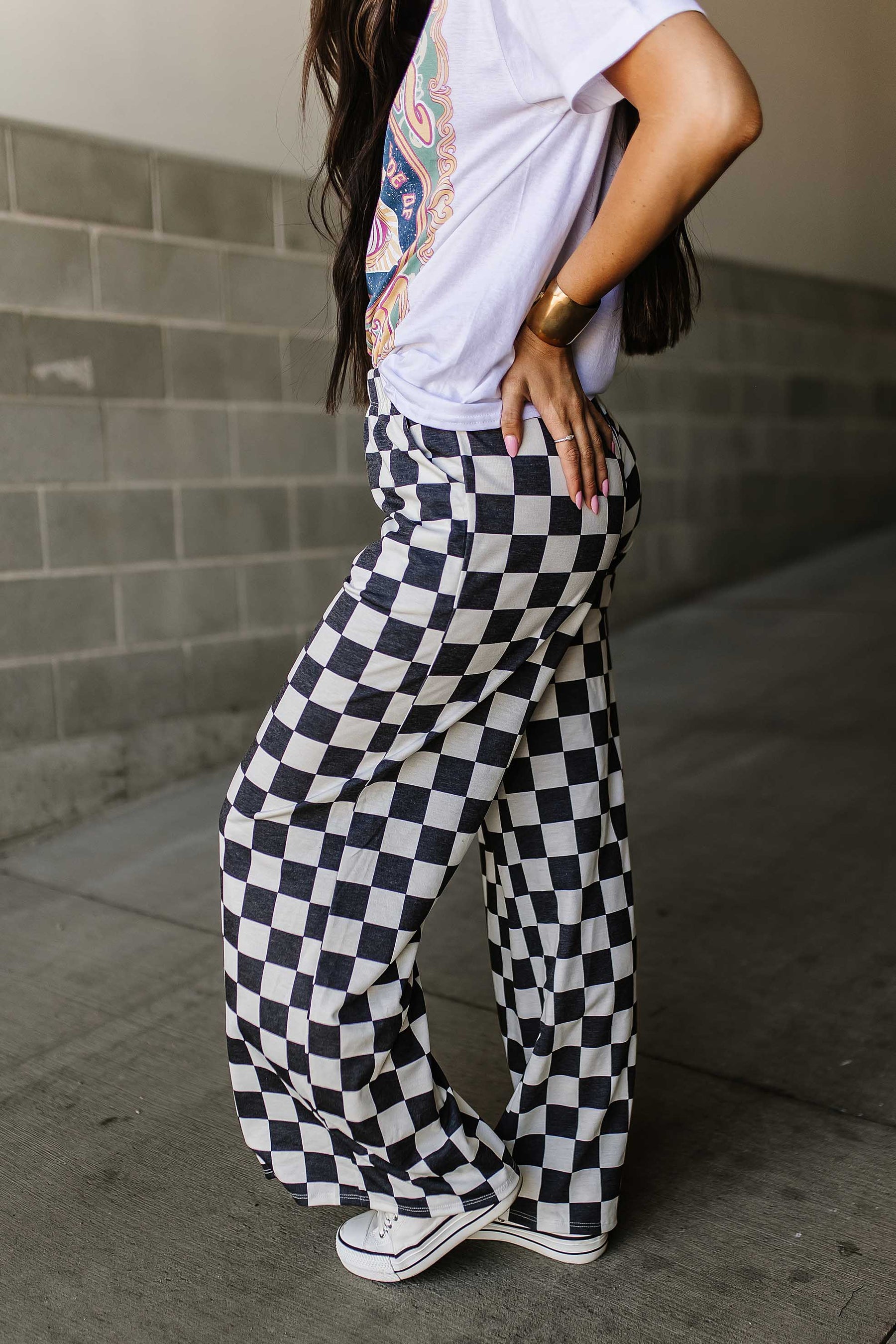 White and Black Checked Comfy Wide Leg Pants | Checkmate Pants – Mindy ...