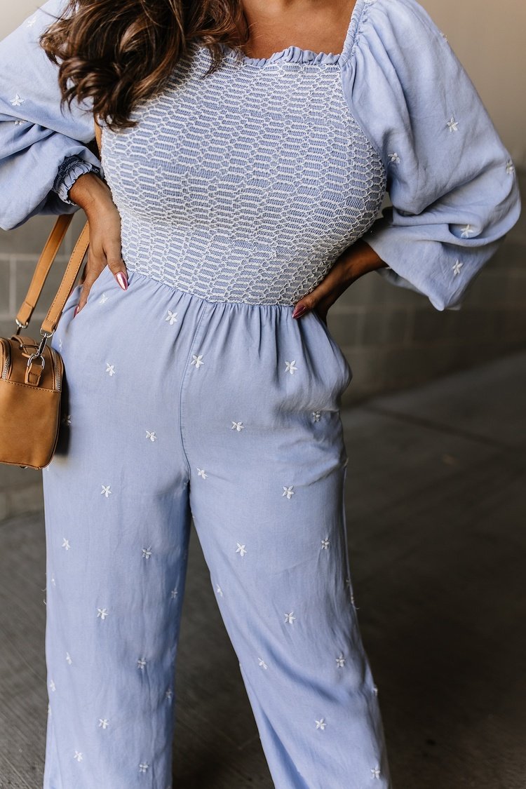 Smocked Embroidered Super Soft Blue Jumpsuit | Jasmine Embroidered ...