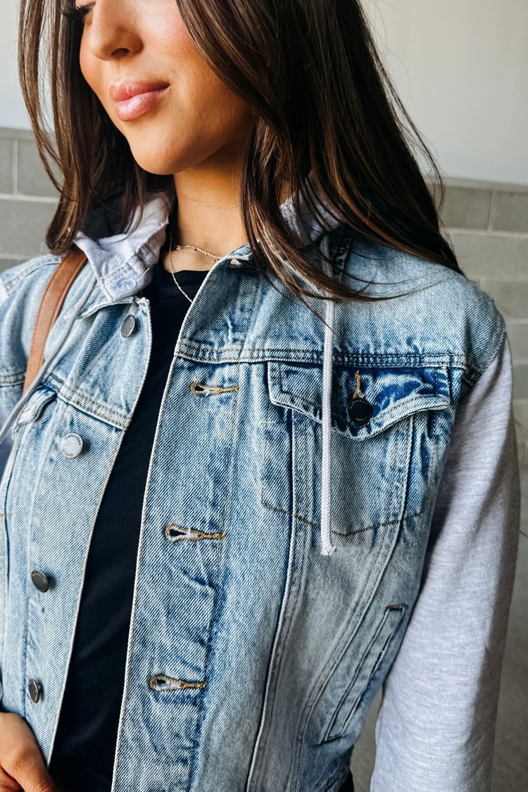 Denim Jacket with Sweatshirt Sleeves and Hood | Charlie Denim Jacket ...