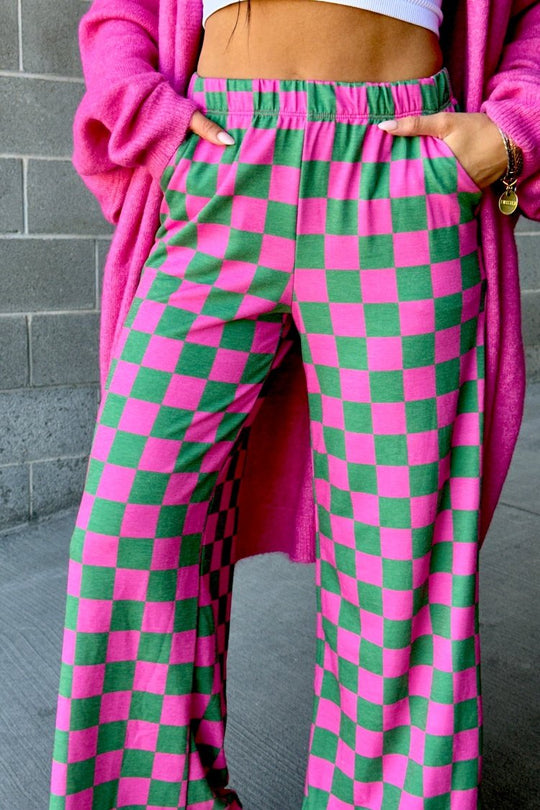 Pink and Green Checked Comfy Wide Leg Pants | Checkmate Pants – Mindy ...