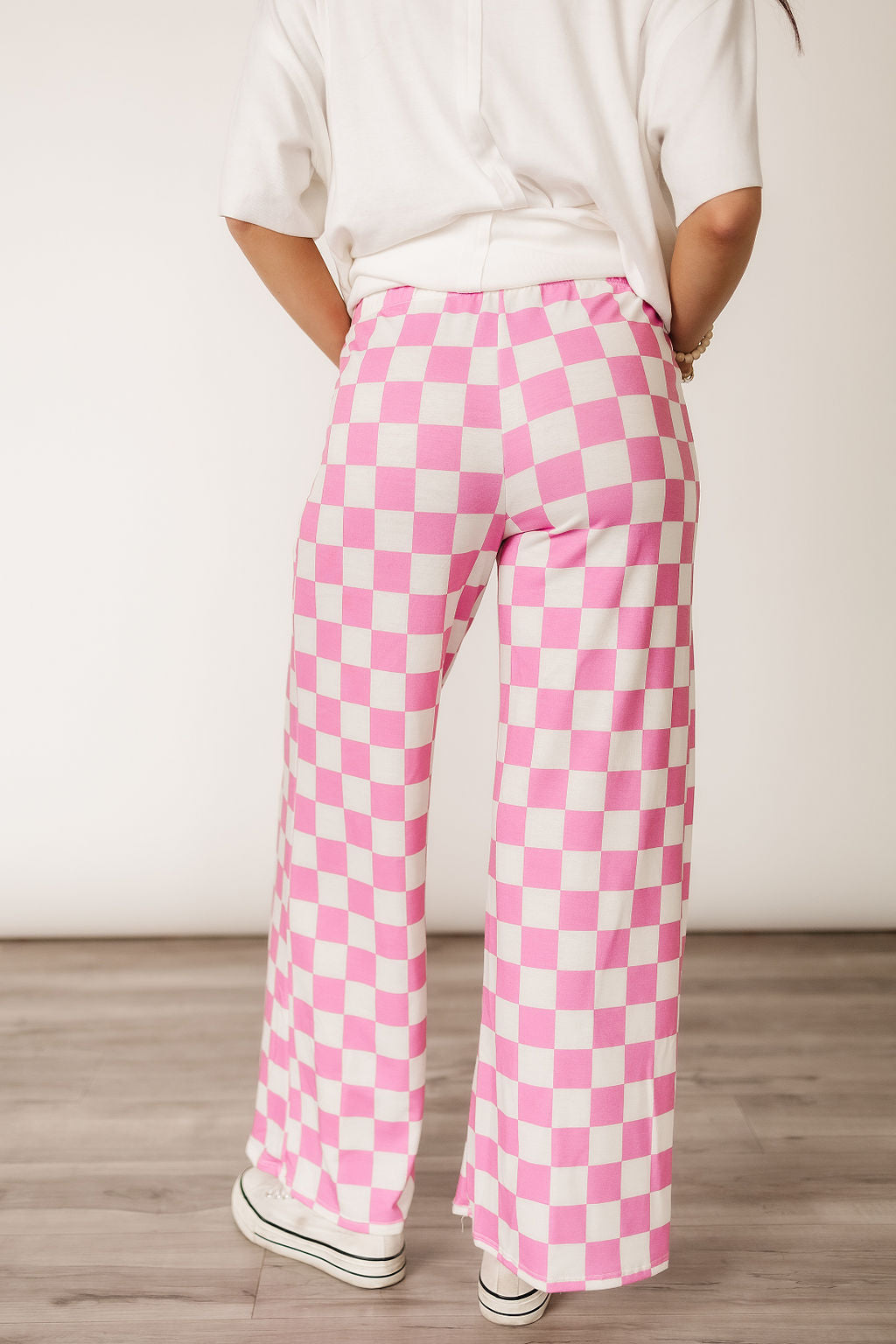 White and Pink Checked Comfy Wide Leg Pants | Checkmate Pants – Mindy ...